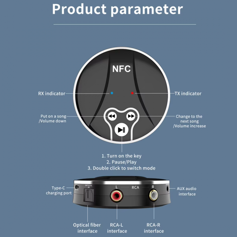 Transmisor y Receptor Bluetooth 2 en 1 NFC 5.0 RCA/3.5mm/optico
